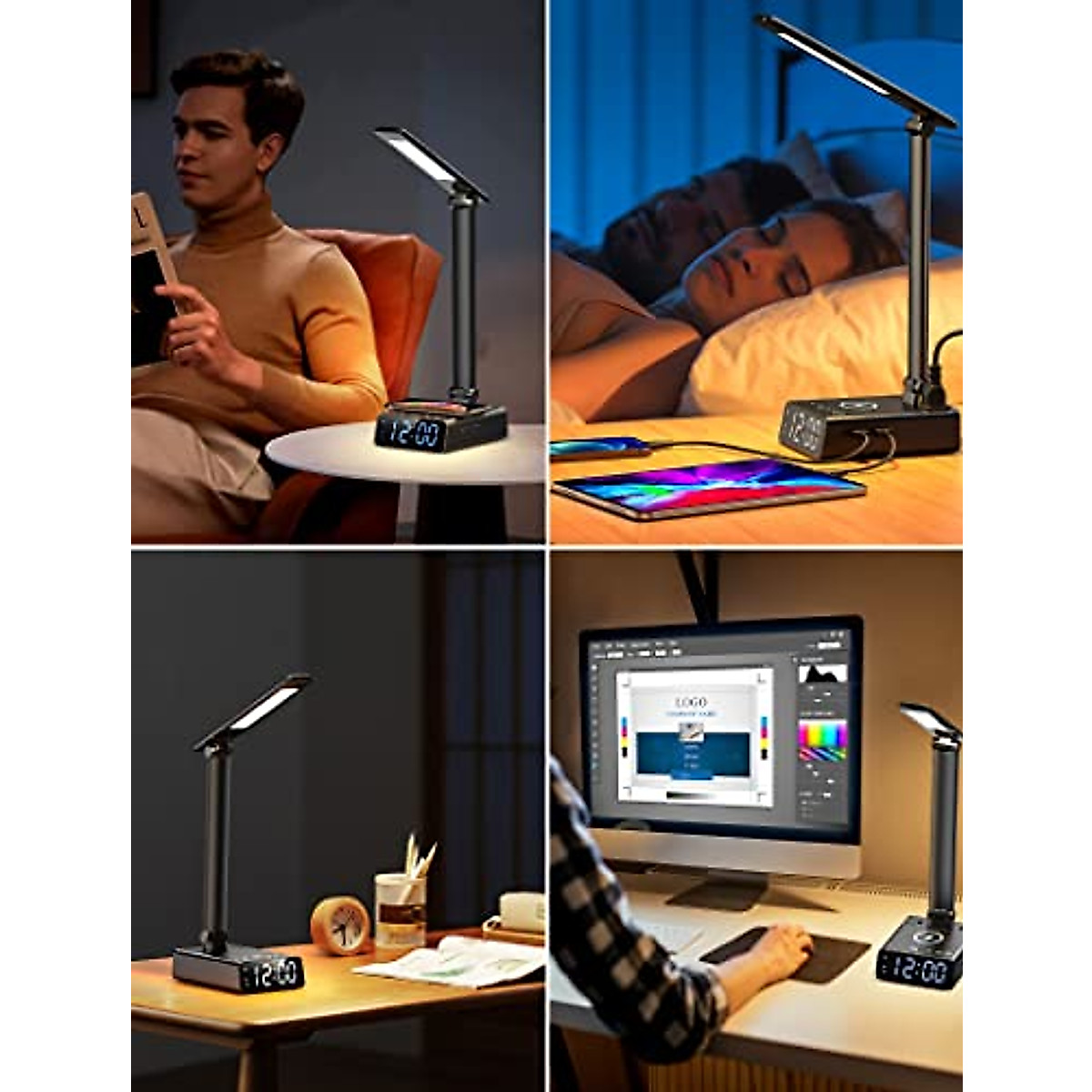 LED Desk Lamp with 15W Wireless Charger, 2 USB Charging Ports, 2 Outlets, 3 Brightness Levels, Alarm Clock, Dimmable Eye Caring Reading Desk Light for Home Office dorm, Touch Control Table Lamp, Black