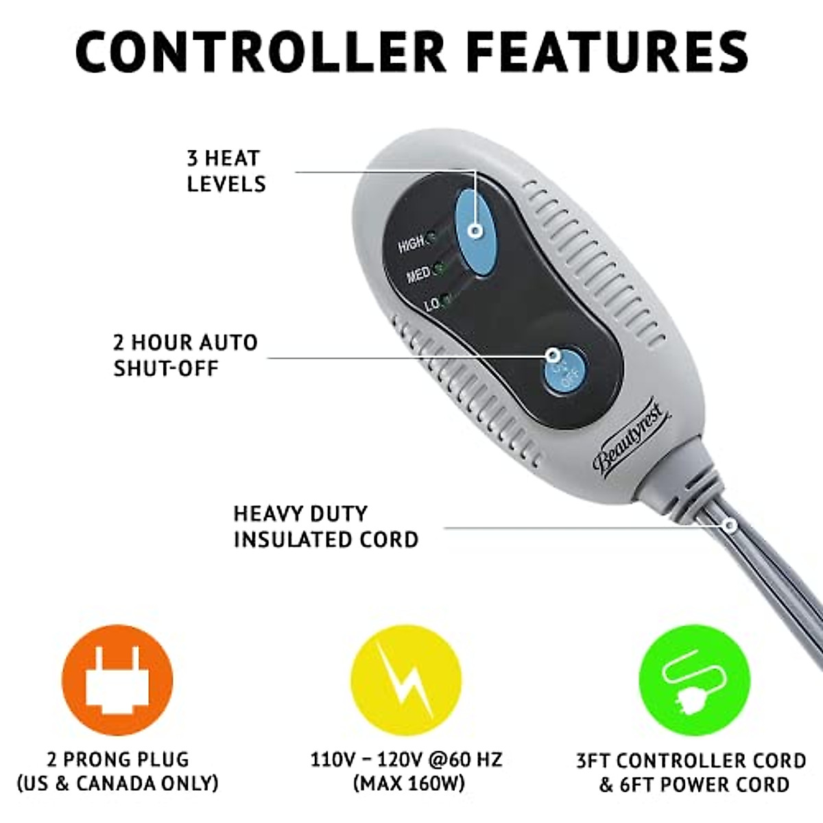 Beautyrest Brushed Long Fur Electric Throw Blanket Ogee Pattern Warm and Soft Heated Wrap with Auto Shutoff, 50 in x 60 in, Grey