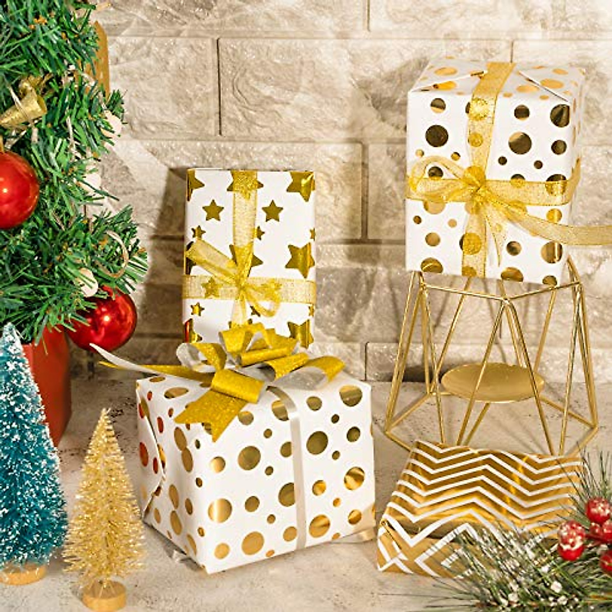 Whaline Gift Wrapping Paper Set 8 Sheet White Gold Wrapping Paper with 10 Pull Bows & 24 Yard Glitter Ribbon Star Dot Stripe Foil Decorative Art Paper for Birthday Christmas Valentine's Day