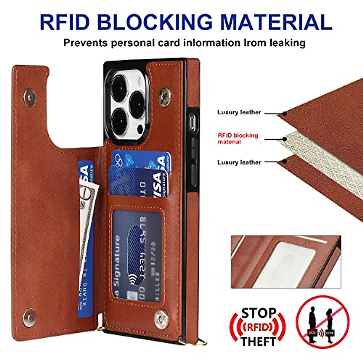 DEFBSC Compatible with iPhone 13 Pro Max Case, Crossbody Wallet Case, Adjustable Detachable Lanyard Neck Strap with Kickstand Leather Card Holder Protective Cover-Brown