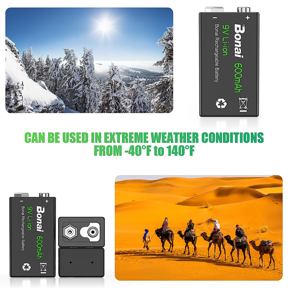 BONAI 8+1 Bay Battery Charger with LCD Display for AA AAA NiMH NiCd 9V Rechargeable Batteries with 9V Lithium Rechargeable Batteries 600mAh High Capacity Long-Lasting & Economical 4 Pack