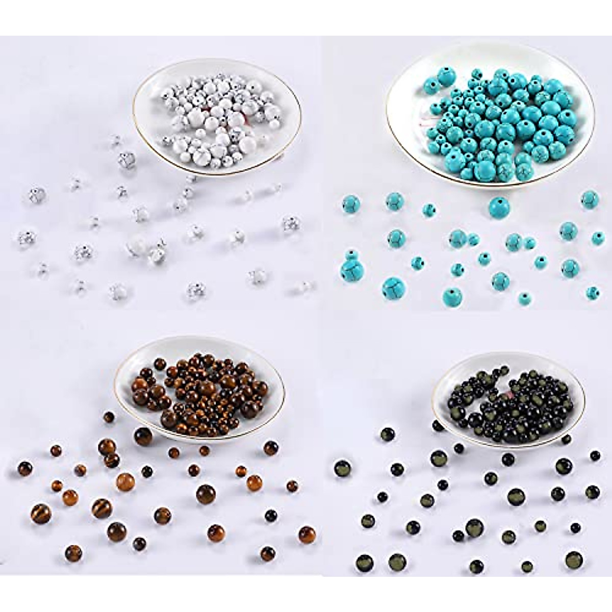 480 pcs Natural Stone Beads for Jewelry Making, Genuine Gemstone Round Beads Kit with White Howlite,Turquoise,Purple Agate,Yellow Tiger Eye,Gold Obsidian Beads for DIY Bracelet Necklace.(10/8/6 mm)