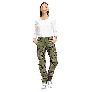OCHENTA Womens Cotton Stretch Camo Cargo Pants Combat Tactical Casual Work Travel with Pockets with 8 Pockets Camo 29 Size 6