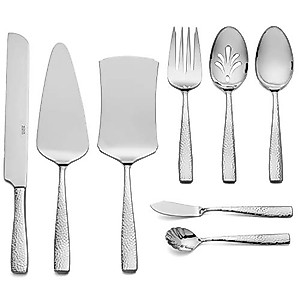 Hudson Essentials 8-Piece Hammered 18/10 Stainless Steel Flatware Serving Utensil Set - Hostess Silverware with Cake Knife & Cake Server