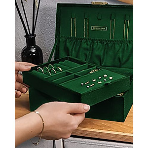 Benevolence LA Large Jewelry Storage Box, Velvet Jewelry Boxes for Women | Earring Organizer for Women, 2 Layer Jewelry Organizer Box for Necklaces, Bracelets, Rings - Emerald Green
