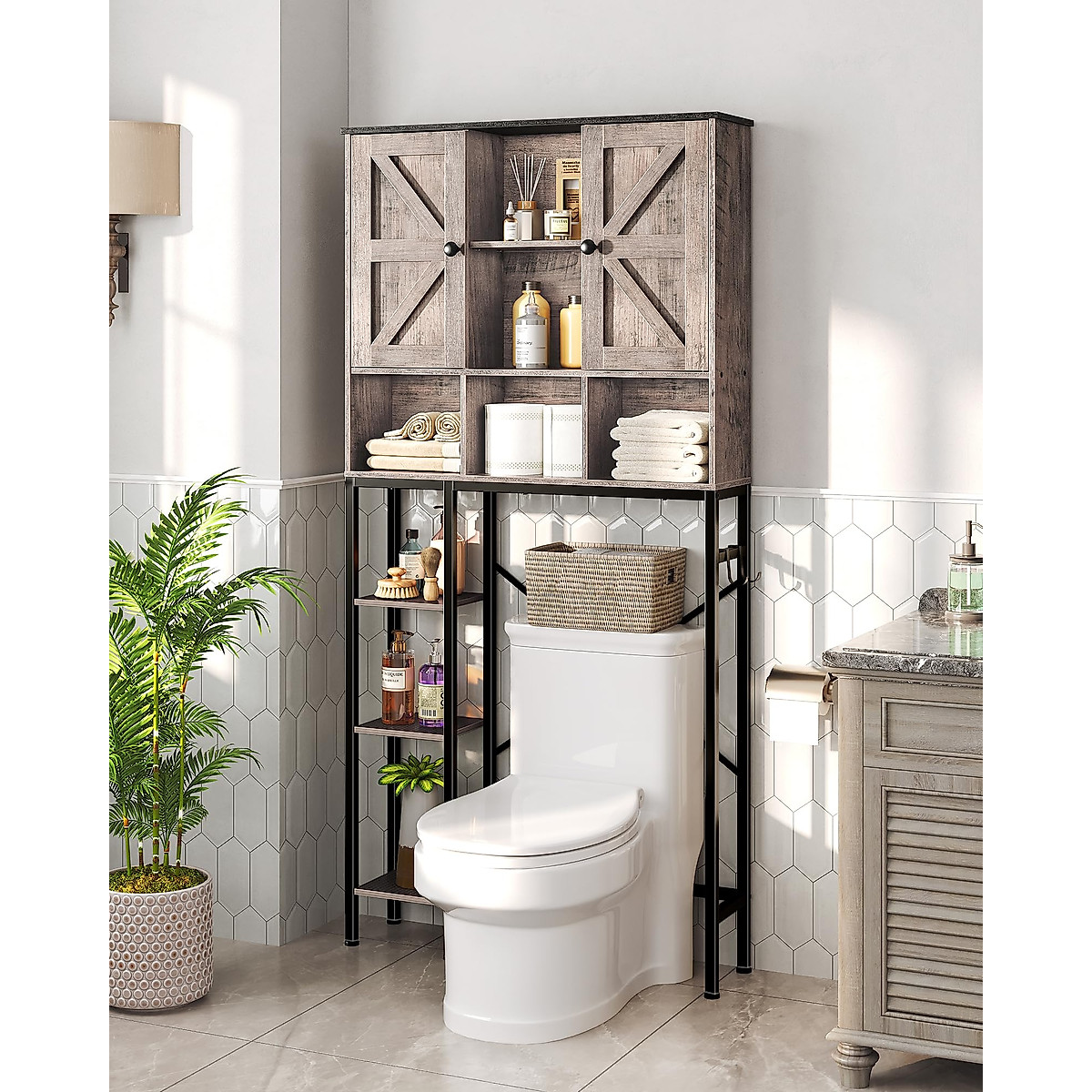 CHOEZON Over The Toilet Storage, Farmhouse Bathroom Storage Cabinet, Over Toilet Shelf with Storage Cabinet, Bathroom Organizer with Hooks, for Bathroom, Restroom, Charcoal Gray and Black TTS01HC