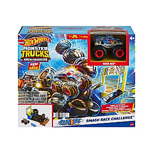 Hot Wheels Monster Trucks Arena Smashers Race Ace Smash Race Challenge Playset with 1:64 Scale Race Ace Toy Truck and 1 Crushable Car