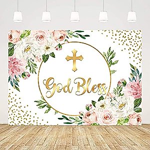 Ticuenicoa 5x3ft Baptism Backdrop for Girl First Communion Background Pink and Gold God Bless Back Drop Christening Photography Decorations Baby Shower Party Banner 1st Birthday Photo Favors