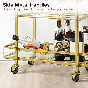 MAHANCRIS Gold Bar Cart, Home Bar Serving Cart, 3 Tier Drink Cart with 7 Wine Bottle Racks, Glass Holders, Beverage Cart on Wheels for Kitchen, Bar, Dining Room, Living Room, Outdoor, Glass, RCJ50B01