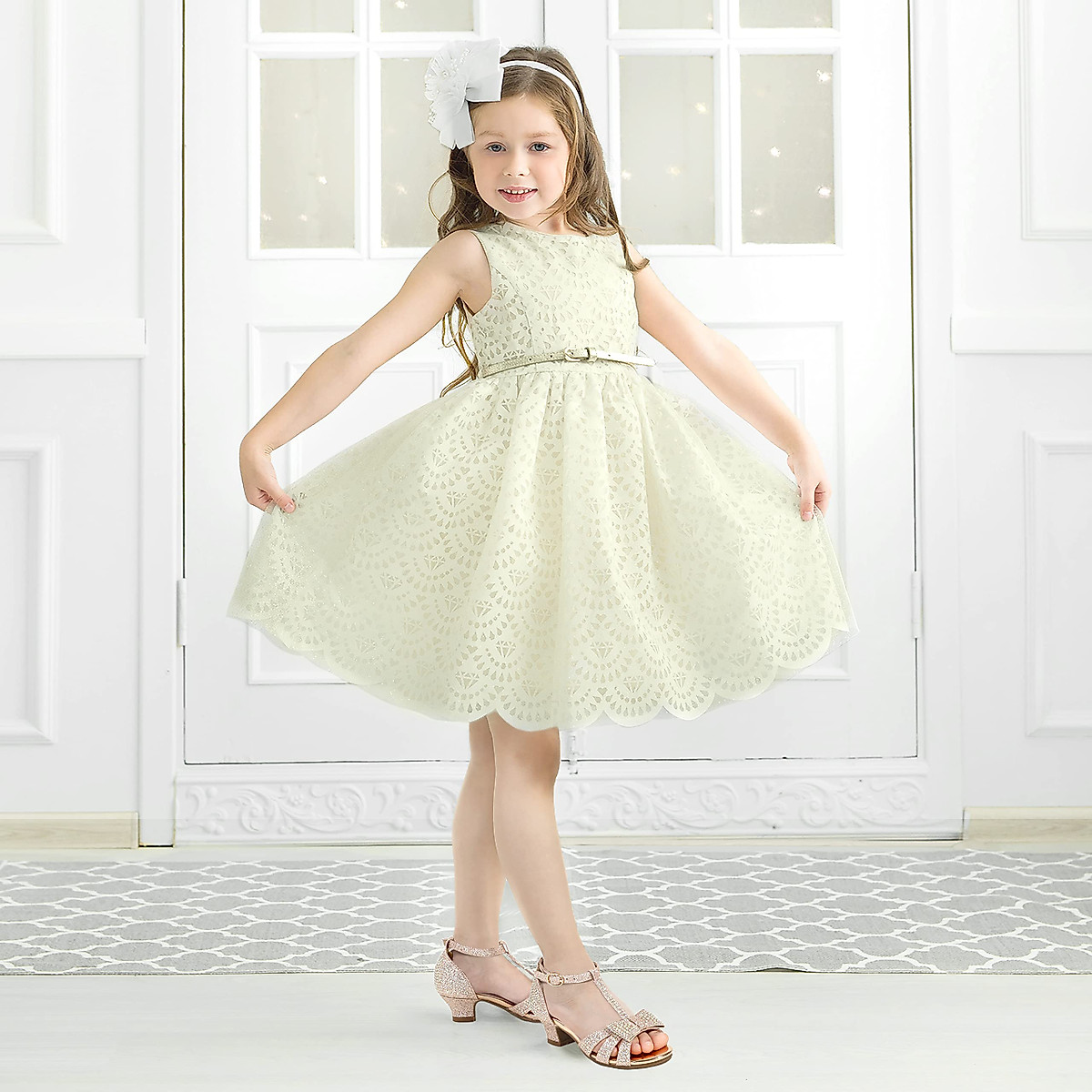 PANDANINJIA Sally Girls Heels Todder Rhinestone Dress Shoes Pump T Strap Open Toe Bow Little Big Kids Flower Girl Shoes(Gold Glitter 2 M US Little Kid)