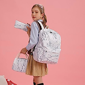 Createy School Backpack for Girls Kids Backpack with Lunch Box Pencil Case Lightweight Marble Prints Backpack Primary Elementary Students Bookbags School Bags Set for Teens