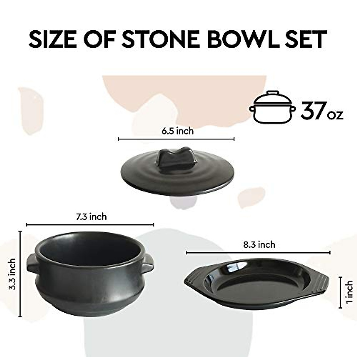 ElinCube Premium Korean Stone Bowl with Lid & Platter, Clay Pot for Cooking Hot Pot Dolsot Bibimbap and Soup Cookware