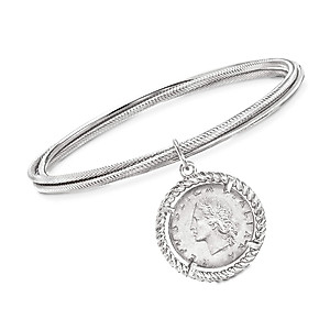 Ross-Simons Italian Sterling Silver Lira Coin Triple-Bangle Bracelet. 7.5 inches