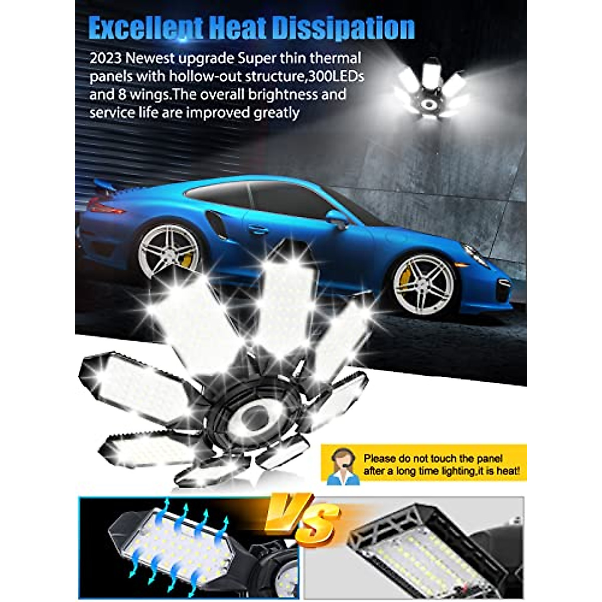 TANBABY 2 Pack Upgrade LED Garage Lights,Total 50000LM Deformable Best Garage Light Ceiling LED Shop Lights, 250W E26/E27 LED Light Garage Lighting with 8+1 Adjustable Panels Garage Bulb for Basement