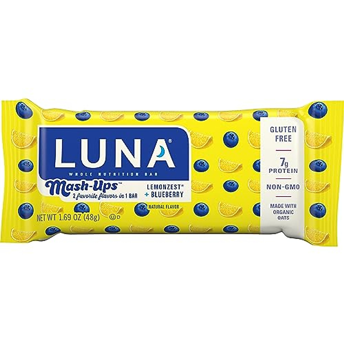 LUNA Mash-Ups - LemonZest + Blueberry Flavor - Gluten-Free - Non-GMO - 7-9g Protein - Made with Organic Oats - Low Glycemic - Whole Nutrition Snack Bars - 1.69 oz. (15 Count)