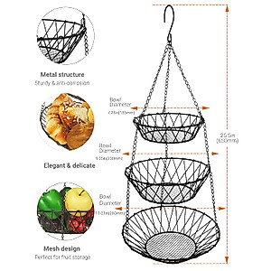 WILLIZTER 3 Tier Hanging Basket with Sturdy Metal Chain Hanging Hooks Fruit and Vegetable Basket Heavy Duty Wire Organizer Space Saving Rustic Country Style Kitchen Storage