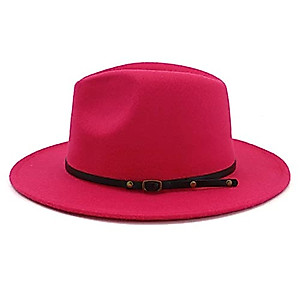 DT DANTIYA Women's Classic Wide Brim Wool Fedora Hat with Belt Buckle Felt Panama Hat Rose Red