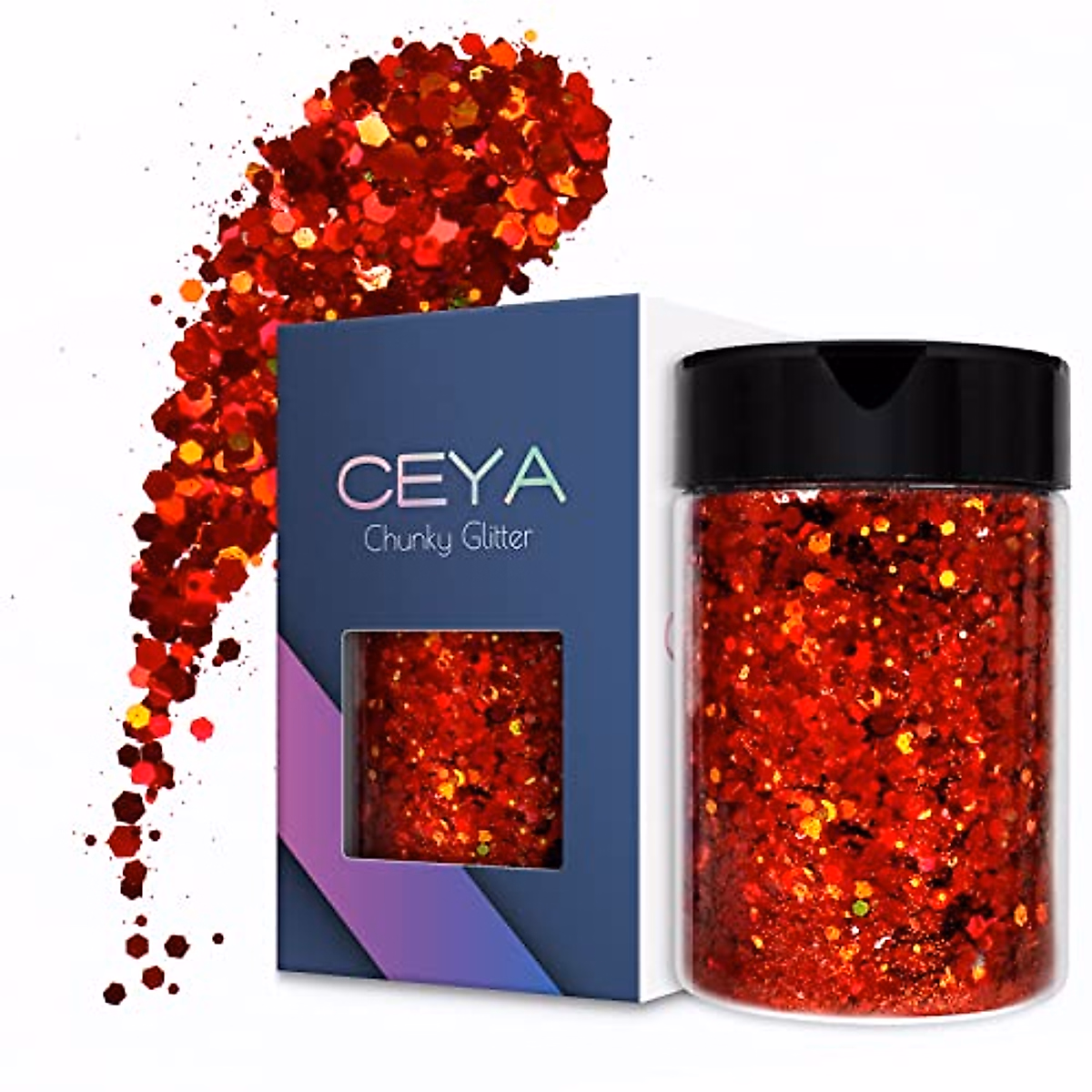 Ceya Holographic Chunky Glitter 4.2oz/ 120g Red Craft Glitter Powder Mixed Chunky Fine Flakes Iridescent Nail Sequins for Nail Art, Hair, Epoxy Resin, Tumblers, Slime, Painting, Festival Decor