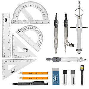 Mr. Pen Geometry Set with 6 Inch Swing Arm Protractor, Divider, Set Squares, Ruler, Compasses and Protractor, 15 Piece Set