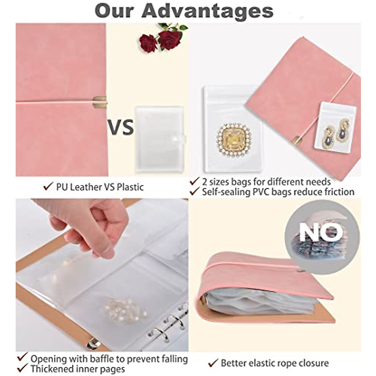 ChezMax Jewelry Organizer, Jewelry Storage Book with Pockets, Foldable Earrings Travel Album, PU Leather Accessories Holder Booklet for Necklace Rings (64 Grids+64 Anti-Oxidation PVC Bags) Pink