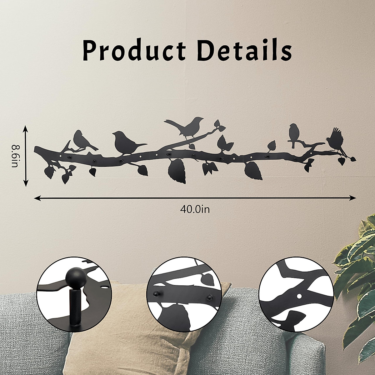 Bird Tree Branch Wall Decor, Bird Wall Art Wall Mounted Coat Rack - an Artistic Blend of Function and Design40 x 8.6",8 Hooks.