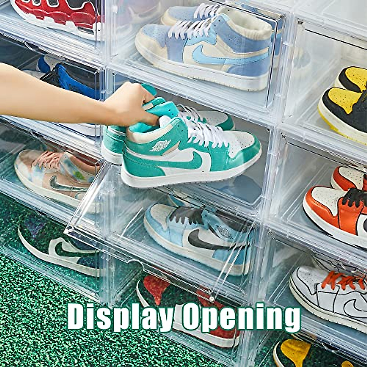 EZLucky 3 Pack Large Shoe Boxes Clear Plastic Stackable, Side Open Shoes Organizer with Magnetic Door, Clear Shoe Boxes Stackable for Display Sneakers, Fit Shoe Size Up to US 15 (14.2x11x8.7in)