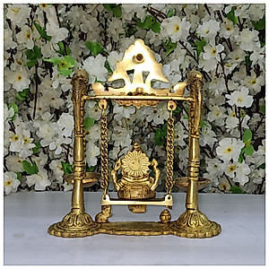 AtoZ India Cart Ganesha Statue on Swing with Diya Brass Ganesha Idol on Jhula Handmade Jhoola Ganesh Murti Showpiece Home Gold 8.75 x 8 x 2.5 inch