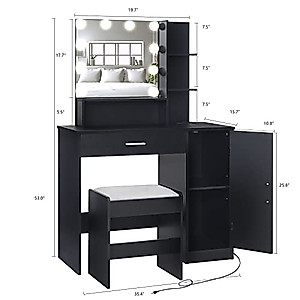 USIKEY Vanity Table Set with Lighted Mirror & Charging Station, Makeup Vanity Table with 1 Drawer, 1 Storage Cabinet, 10 LED Lights, Dressing Tables Vanity Desk with Cushioned Stool for Bedroom, Black