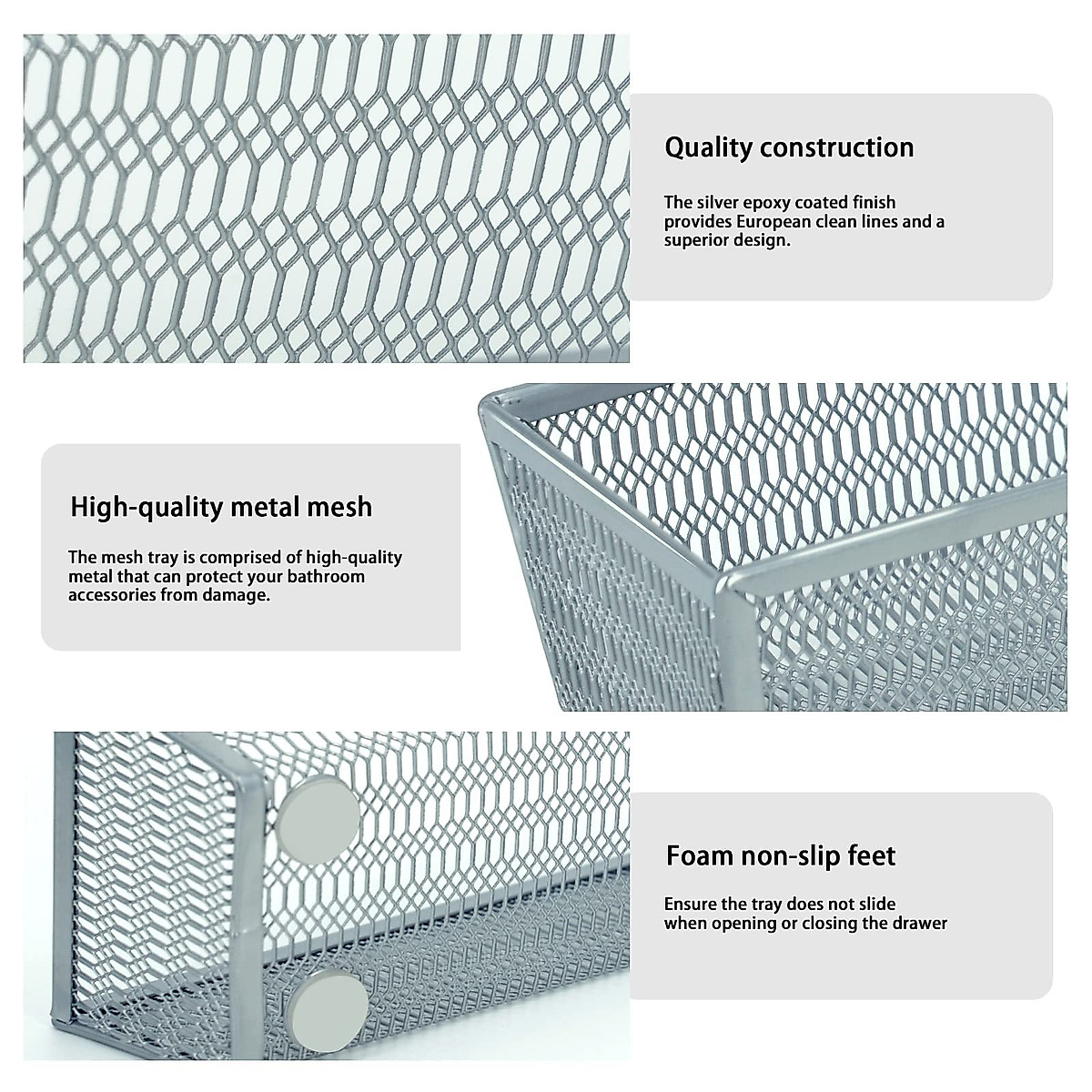 Neudeco Mesh Drawer Organizer,Silverware Drawer Organizer,Metal Cutlery Tray and Utensil Organizer for Flatware,Knives,Spoon, Cosmetic (Silver)