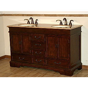 Silkroad Exclusive HYP-0715-T-UIC-60 Travertine Stone Double Sink Bathroom Vanity with Furniture Bath Cabinet, 60", Medium Wood