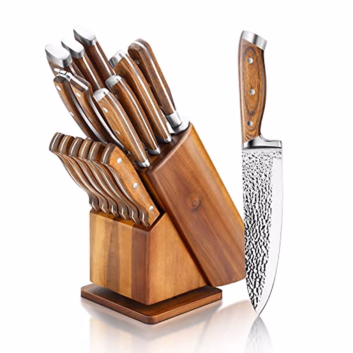 Knife Set, Karcu 15-Piece Hammer Kitchen Knife Block Sets with Sharpener German Steel, Rotating Acacia Block