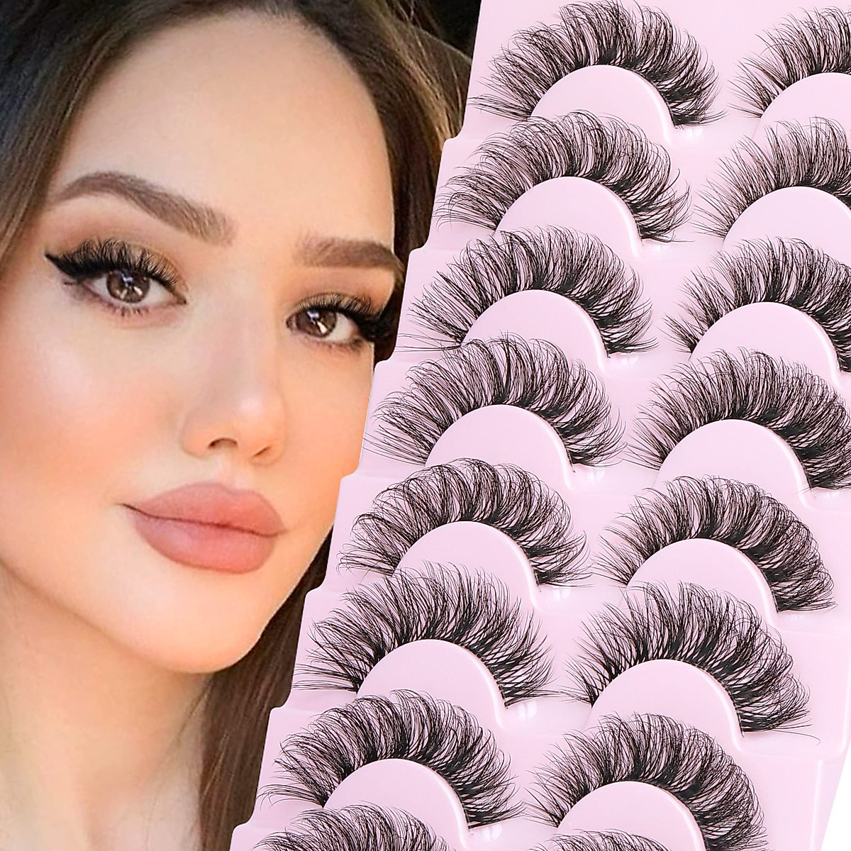 Natural lashes mink cat eye fluffy false lashes D curl Russian strip lashes extension clear band wispy curly fake eyelashes pack 8 pairs