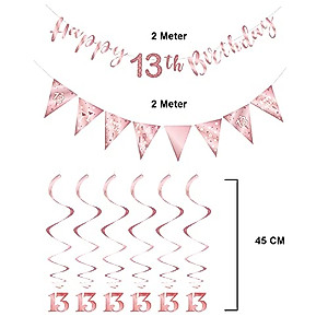 Rose Gold 13th Birthday Decoration for Girls, Happy 13th Birthday Banner Bunting Swirls, Triangle Flag Banner for 13 Birthday Party Decorations Supplies