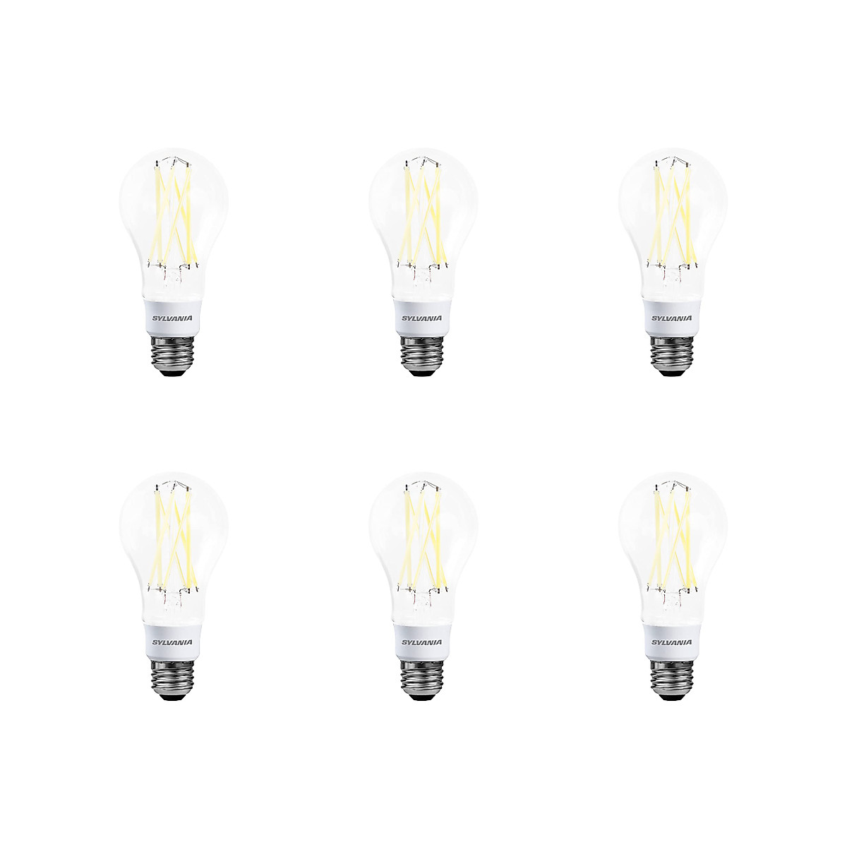 Sylvania Reduced Eye Strain A21 LED Light Bulb, 3-Way 40W / 60W / 100W, 13 Year, Dimmable, Clear, 2700K, Soft White - 6 Pack (41231)