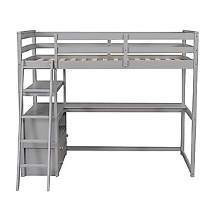 BIADNBZ Twin Size Loft Bed with Convertible Lower Square Seat,Solid Wood Bunkbed with L-Shape Desk,Shelves,Guardrails and Ladder,Furniture for Kids Teens Boys Girls Adults，Space-Saving Design，White