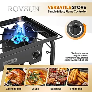 ROVSUN 2 Burner Gas Stove with Side Shelves, 150,000 BTU Portable Propane Stove with Removable Legs, Wind Panels & Regulator for Camping Home Backyard Cooking Brewing Canning Turkey Frying