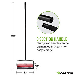 Alpine Manual Carpet Sweeper Triple Brush – Non Electric Multi-Surface Floor Cleaner Easy Sweeping for Carpeted Floors (Red -Updated)