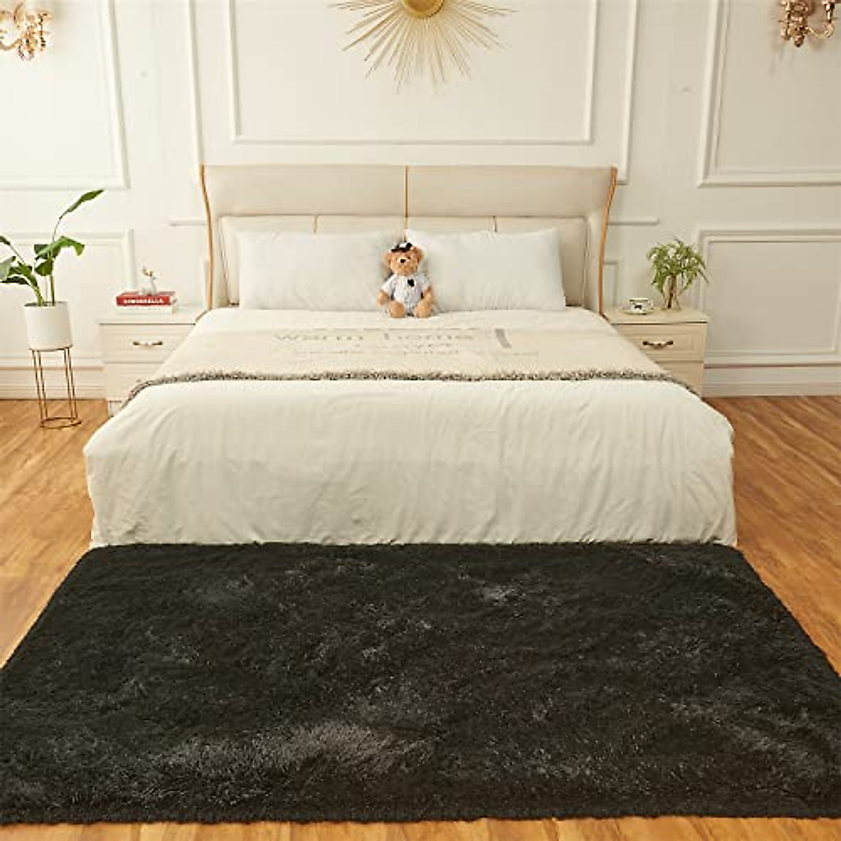 AMTOVO Shag Area Rugs for Bedroom, Black Fluffy Rug Plush Living Room Carpet 8 x 10 Feet, Indoor Modern Plush Area Rugs, Fuzzy Nursery Shaggy Rugs for Kids Room