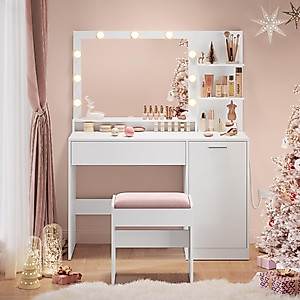 VASAGLE Vanity Desk with Mirror and Lights, 43.3-Inch Wide Makeup Vanity with Upholstered Vanity Stool, Power Outlets, Dimmable LED Lights, Storage Drawer, for Bedroom, Cloud White URDT628W01