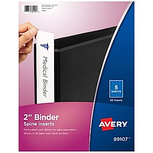 Avery Binder Spine Inserts, for 2 Inch Ring Binders with 2.8" Spine Width, 20 Cardstock View Binder Spine ID Inserts (89107)