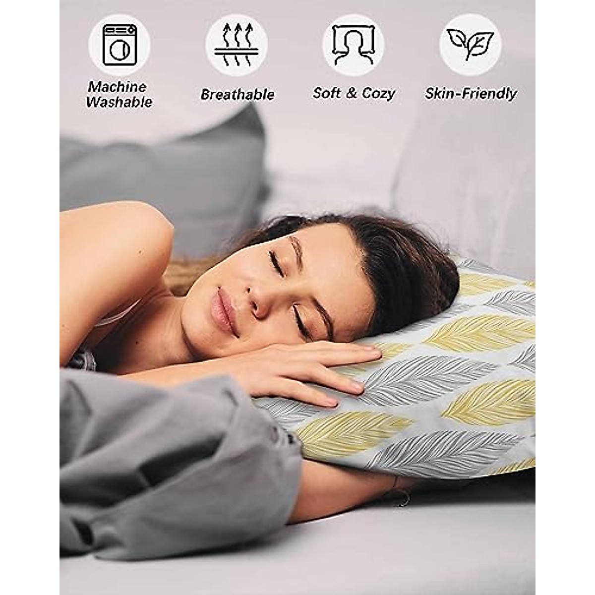 Edwiinsa Yellwo Grey Leaves Pillow Covers Standard Size Set of 2 20x26 Bed Pillow, Summer Tropical Plant Aesthetics Plush Soft Comfort for Hair/Skin Cooling Pillowcases with Envelop Closure