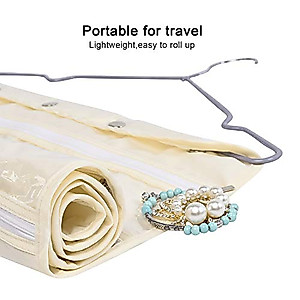 SPIKG 56 Pockets Dual Sided Jewelry Hanging Organizer Oxford Storage Bag with Zipper Hanger (Beige)