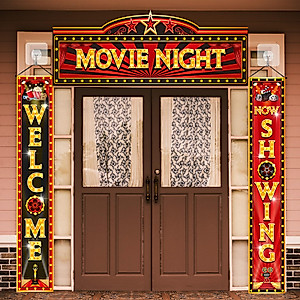 Funnymoom 3 Pcs Movie Night Porch Banner Decorations Movie Theme Party Hanging Banner Welcome Now Showing Sign Door Banner for Movie Theater Photography Background Party Supplies