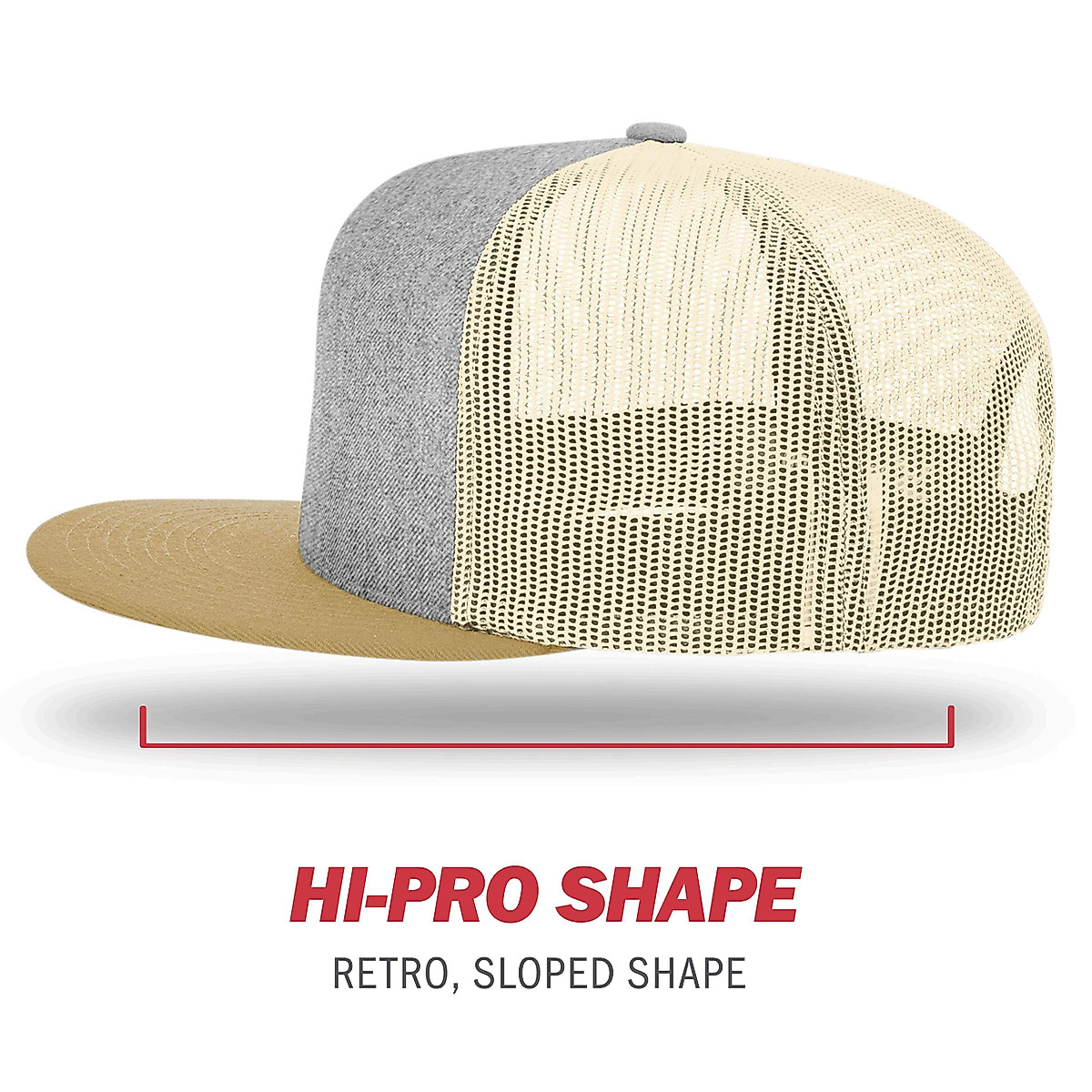 Richardson Unisex 511 Flatbill Trucker Adjustable Snapback Baseball Cap, Tri Heather Grey/Birch/Biscuit, One Size Fits Most