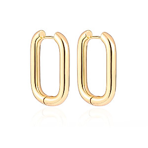 PEARLADA 18K Gold Oval Huggie Hoop Earrings for Women Chunky Tube Leverback Earrings Dainty Minimalist Jewelry Christmas Gift Fashion Rounded Rectangle Endless Hoop Earrings