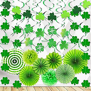 Whaline St.Patrick's Day party Decoration,St Patricks Hanging Paper Fans Honeycomb Ball, Foil String Hanging Swirls, Felt Clover Banner, Lucky Irish Green Shamrock Foil Strings, for Irish Party Decor