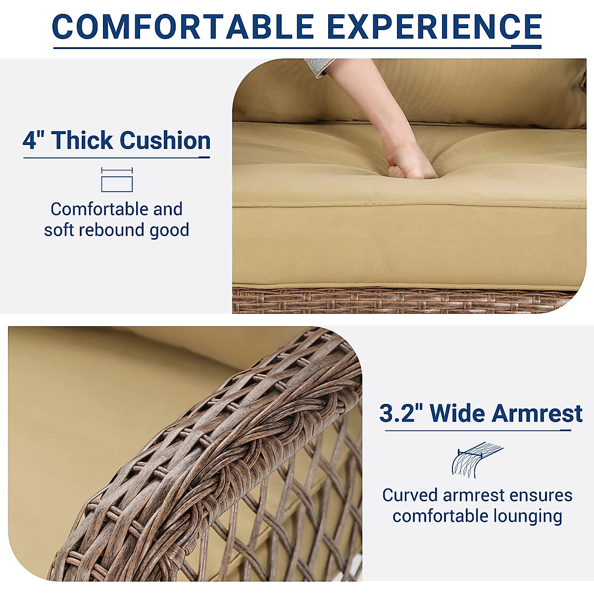 UDPATIO Outdoor Furniture 3 Piece Rocking Chairs Bistro Set, Wicker Patio Chairs with 4‘’ Thick Cushions, Comfortable High Back Porch Furniture with Table, Khaki