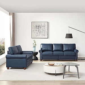 Antetek 2-Piece Comfy Upholstered PU Leather Sofa Couch Set, Mid-Century Modern Loveseat Sofa+3 Seater Couch with Storage Space for Living Room, Furniture Set, Navy Blue