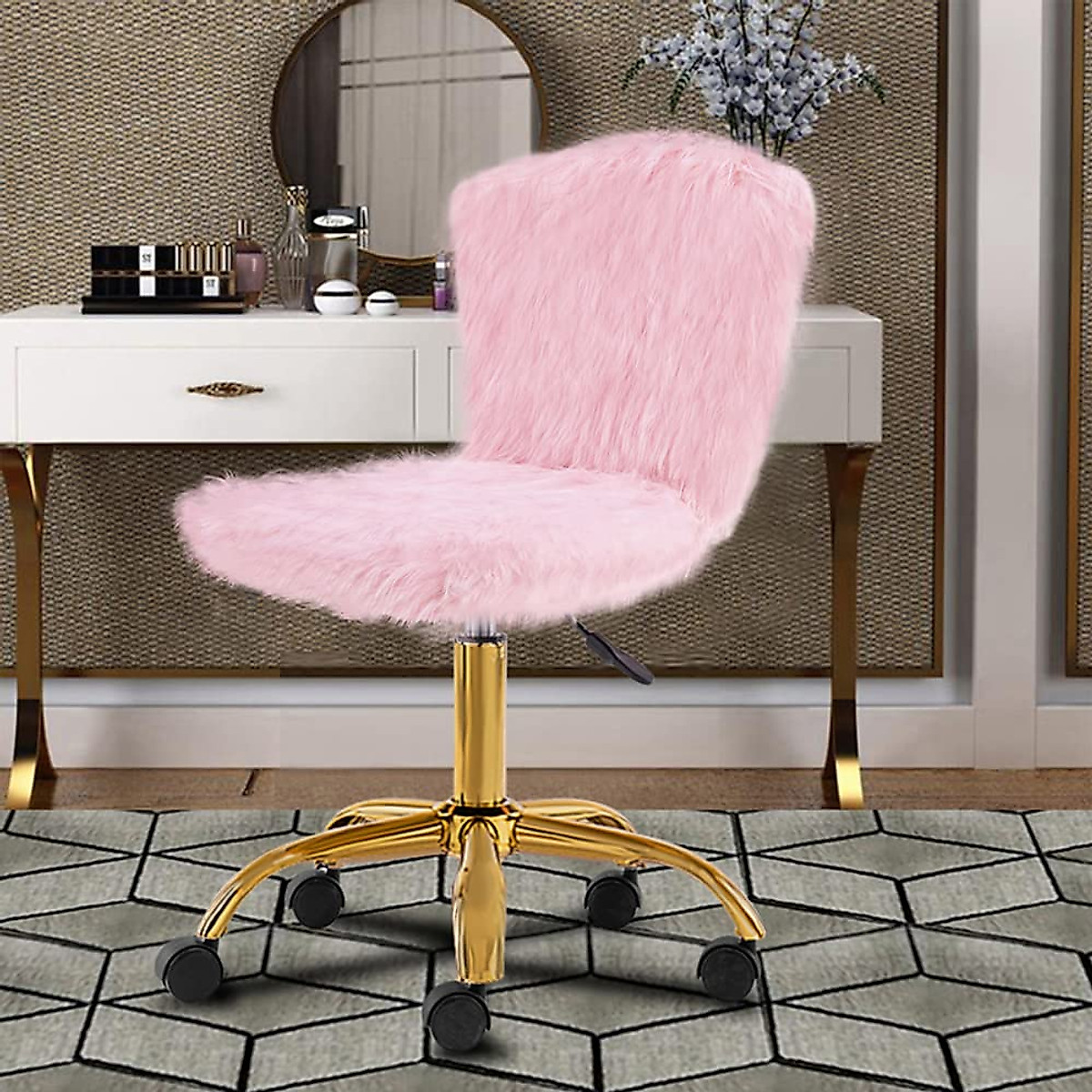LEEJAY Luxury Kids Desk Chair for Granddaughter, Furry Pink Fancy Girl Chair, Cute Vanity Chair with Fluffy Faux Fur, Armless Fuzzy Desk Chair with Golden Base, Gifts from Grandpa Grandma