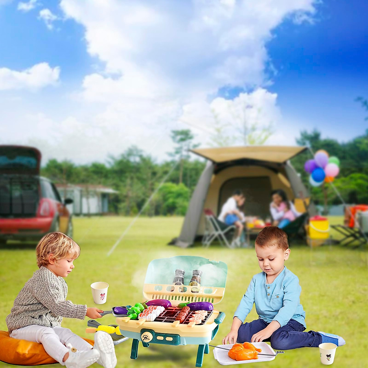 ChuburD Play Food Kids Kitchen Playset, Play Kitchen Toy Grill, Kids bbq Grill Playset, Pretend Play Cooking with Smoke, Sound and Light, for Toddlers for Kids 3 and up